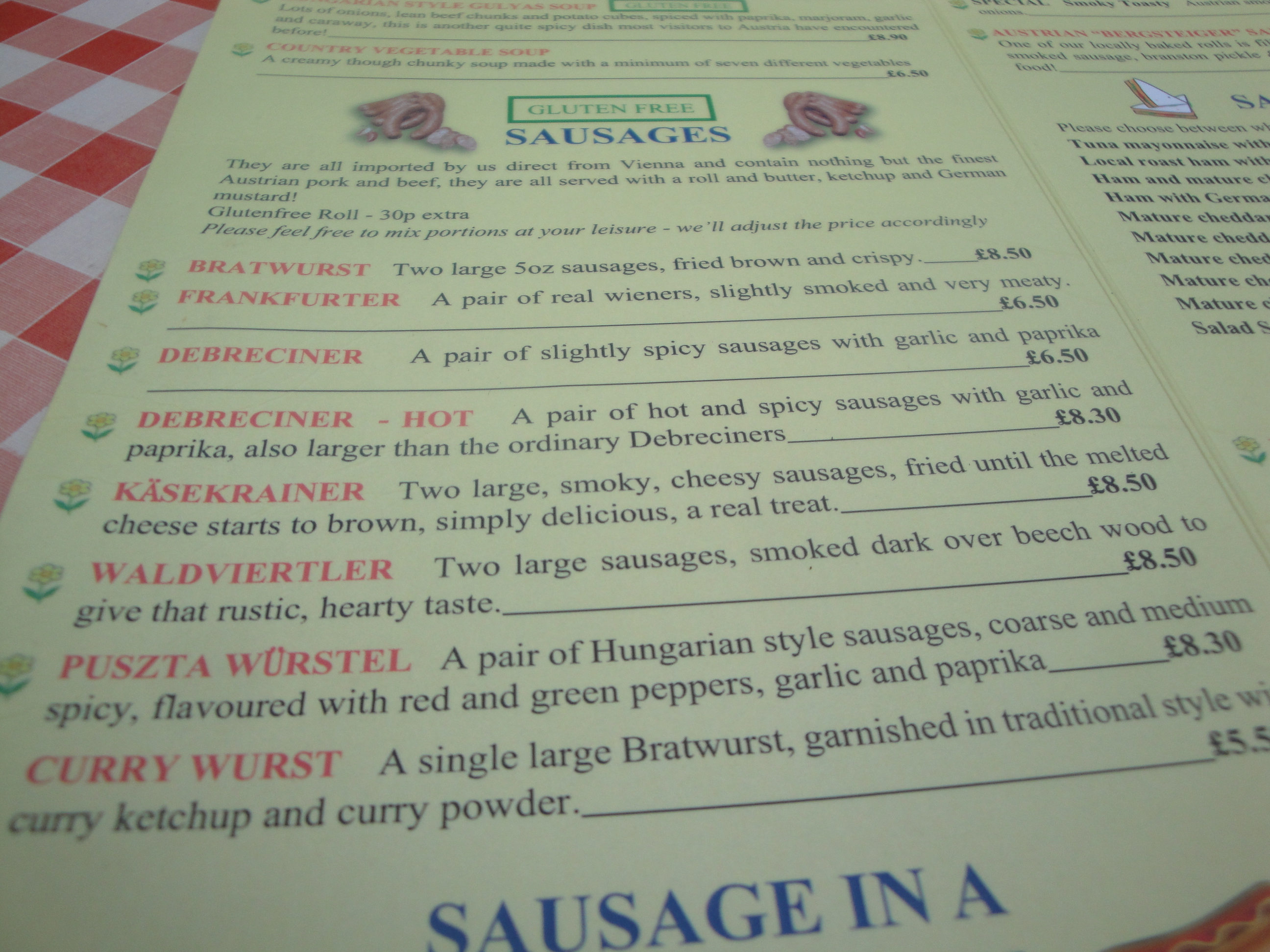 Menu of sausages – The Nottingham Food Blog