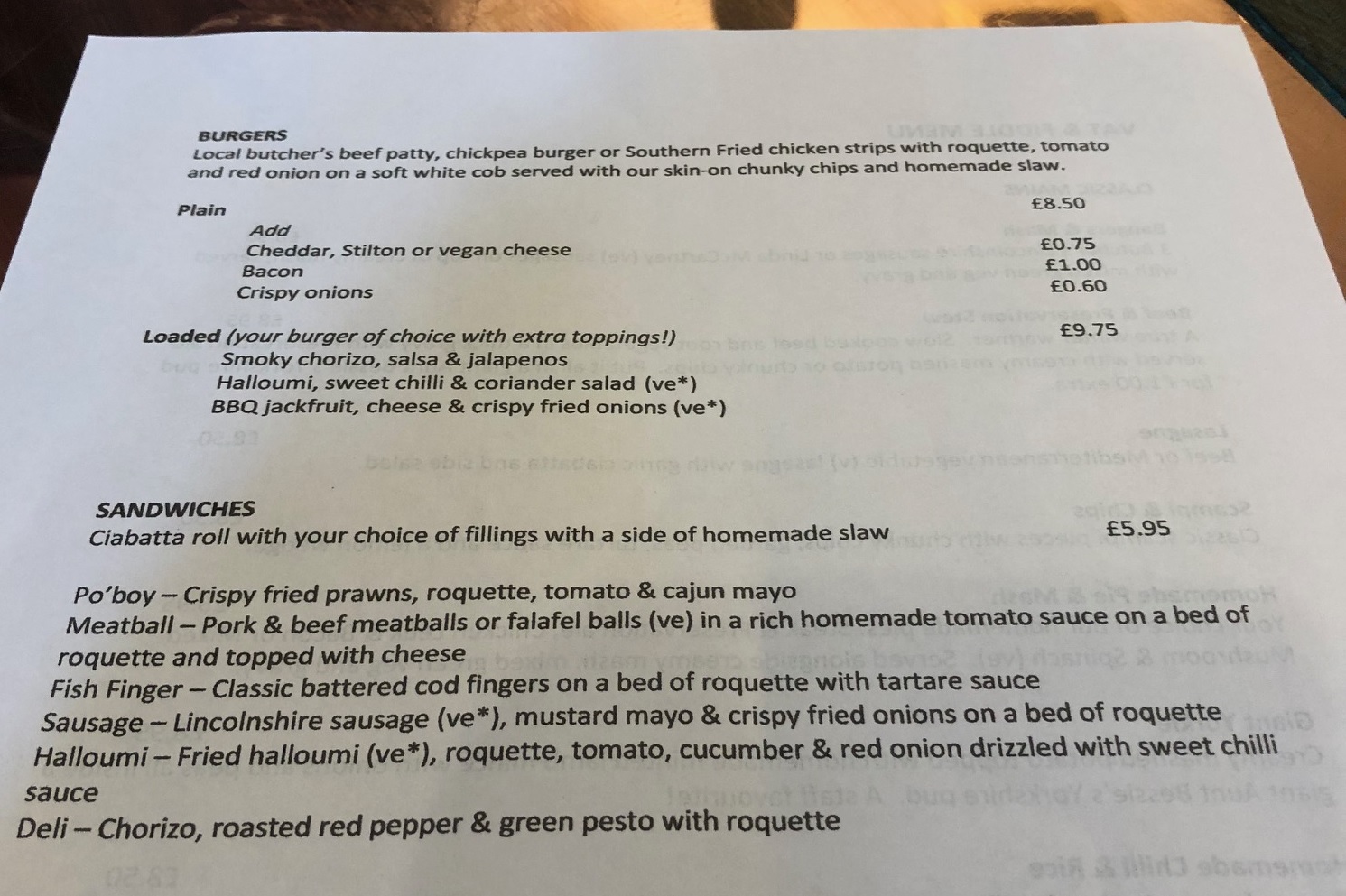 Vat and Fiddle in Nottingham – Burger and Sandwich Menu – The ...