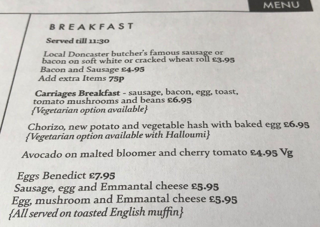 Carriages – Breakfast Menu – The Nottingham Food Blog