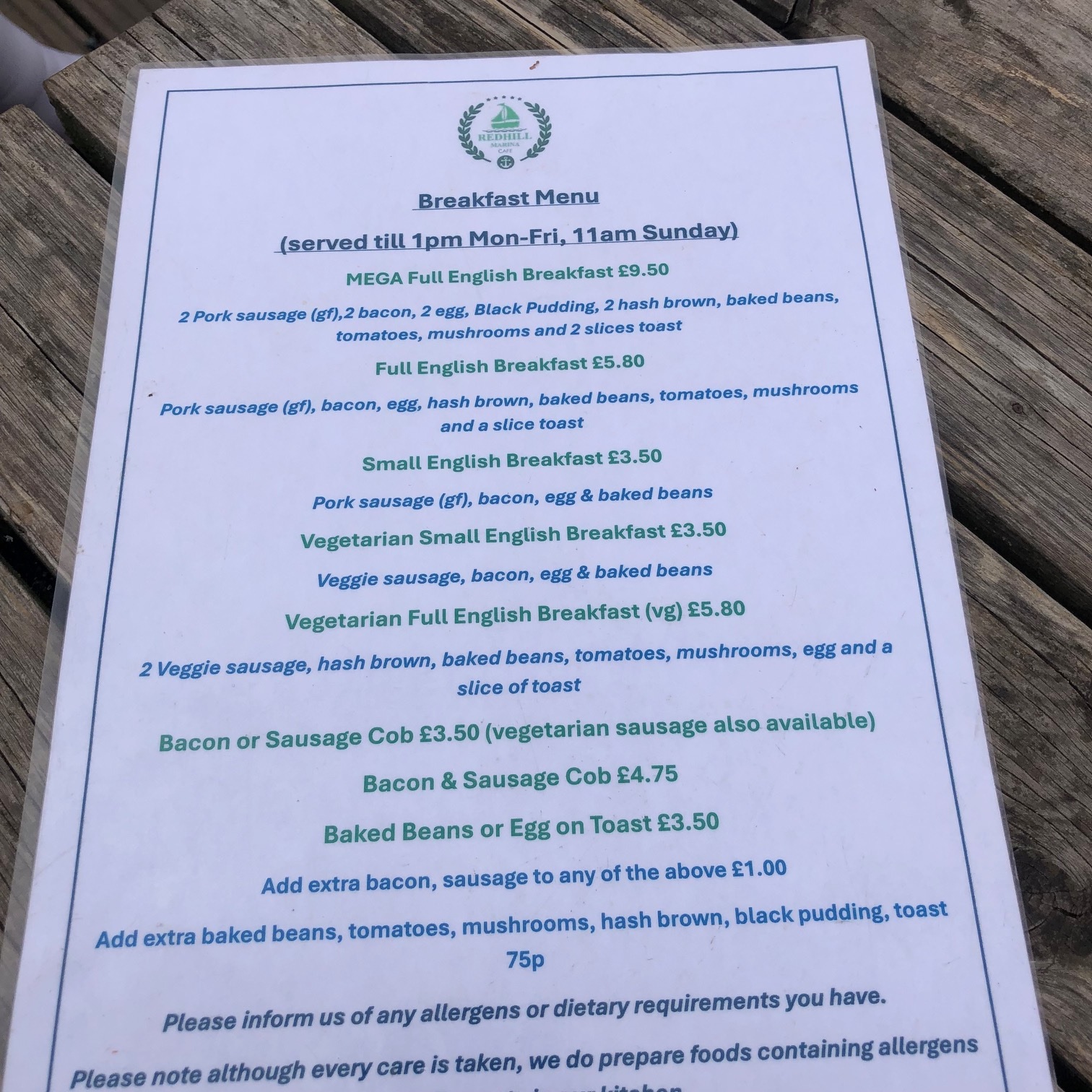 Redhill Marina Cafe – Breakfast Menu – The Nottingham Food Blog